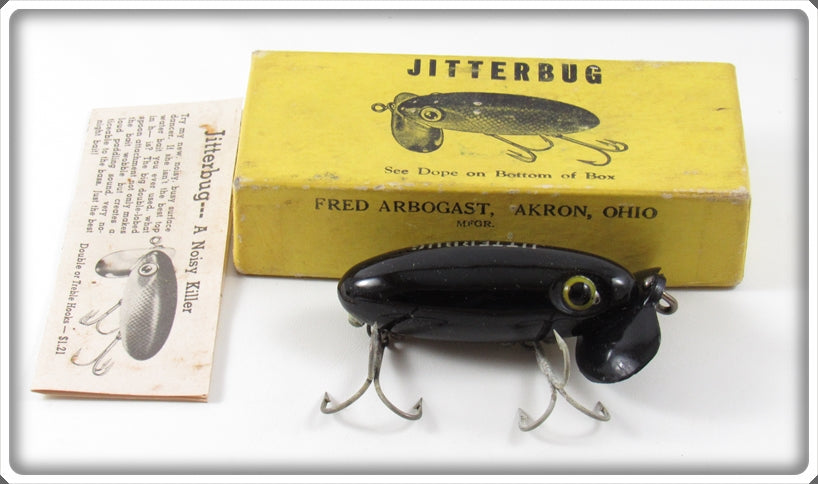 Vintage Fred Arbogast Black Plastic Lip Jitterbug Lure In Picture Box ...