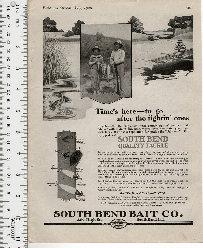 Vintage 1920 South Bend Bait Co Quality Tackle Ad For Sale | Tough Lures